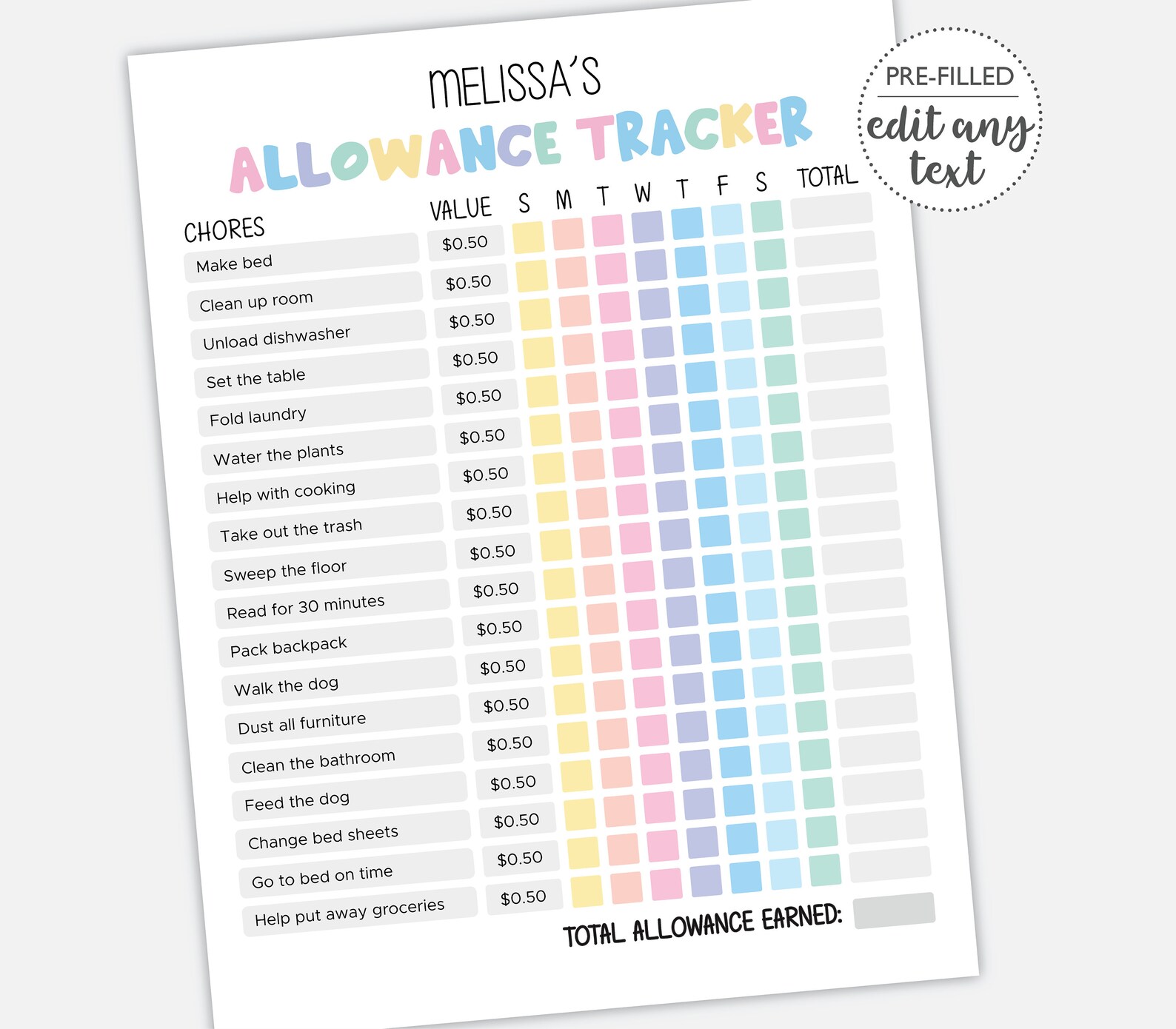 Allowance Tracker for Kids DIGITAL Weekly Money Reward Kids Chore Chart ...