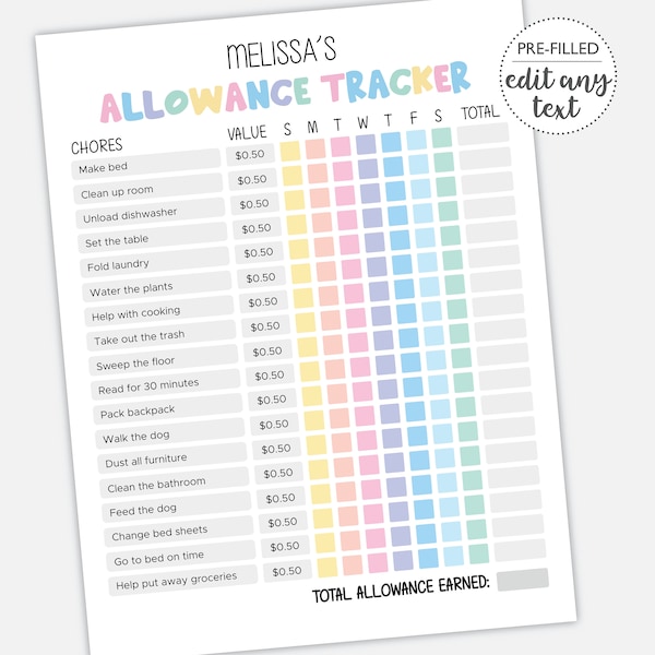 Allowance Chart - Etsy