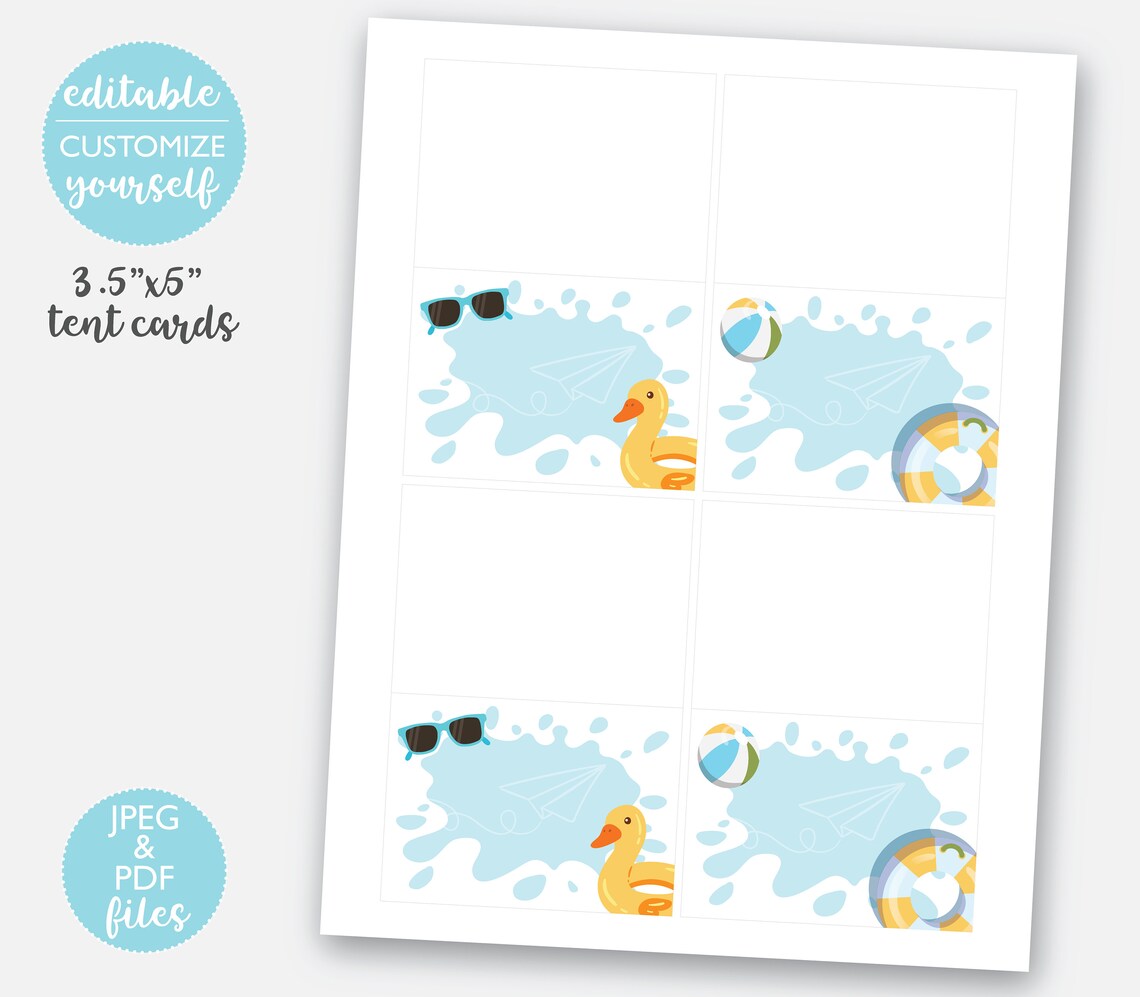 Pool Party Birthday Tent Cards DIGITAL | Beach Summer Blue Party Blank ...