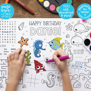 Sea Life Coloring Placemat DIGITAL | Underwater Birthday Party Sheet ...