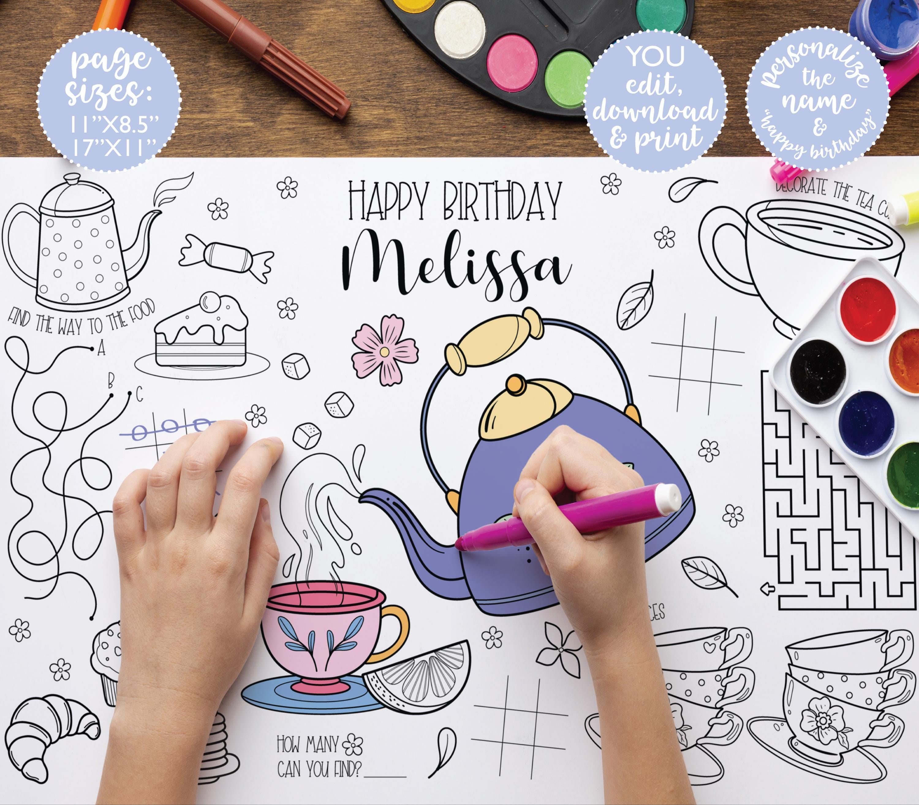 Tea Party Coloring Placemat DIGITAL | Party Activity Sheet | Kids ...