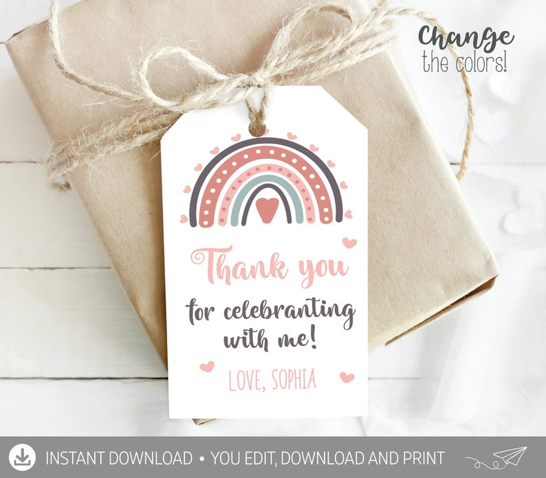 Boho Rainbow Birthday Thank You Tag DIGITAL Rainbow Party - Etsy