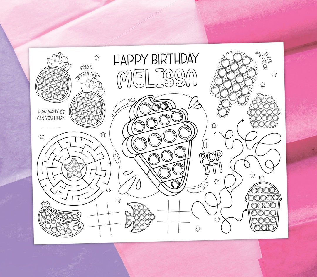 Pop It Coloring Placemat DIGITAL Toys Party Activity Sheet Kids ...