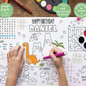 Dinosaur Coloring Placemat DIGITAL Jurassic Party Activity Kids ...