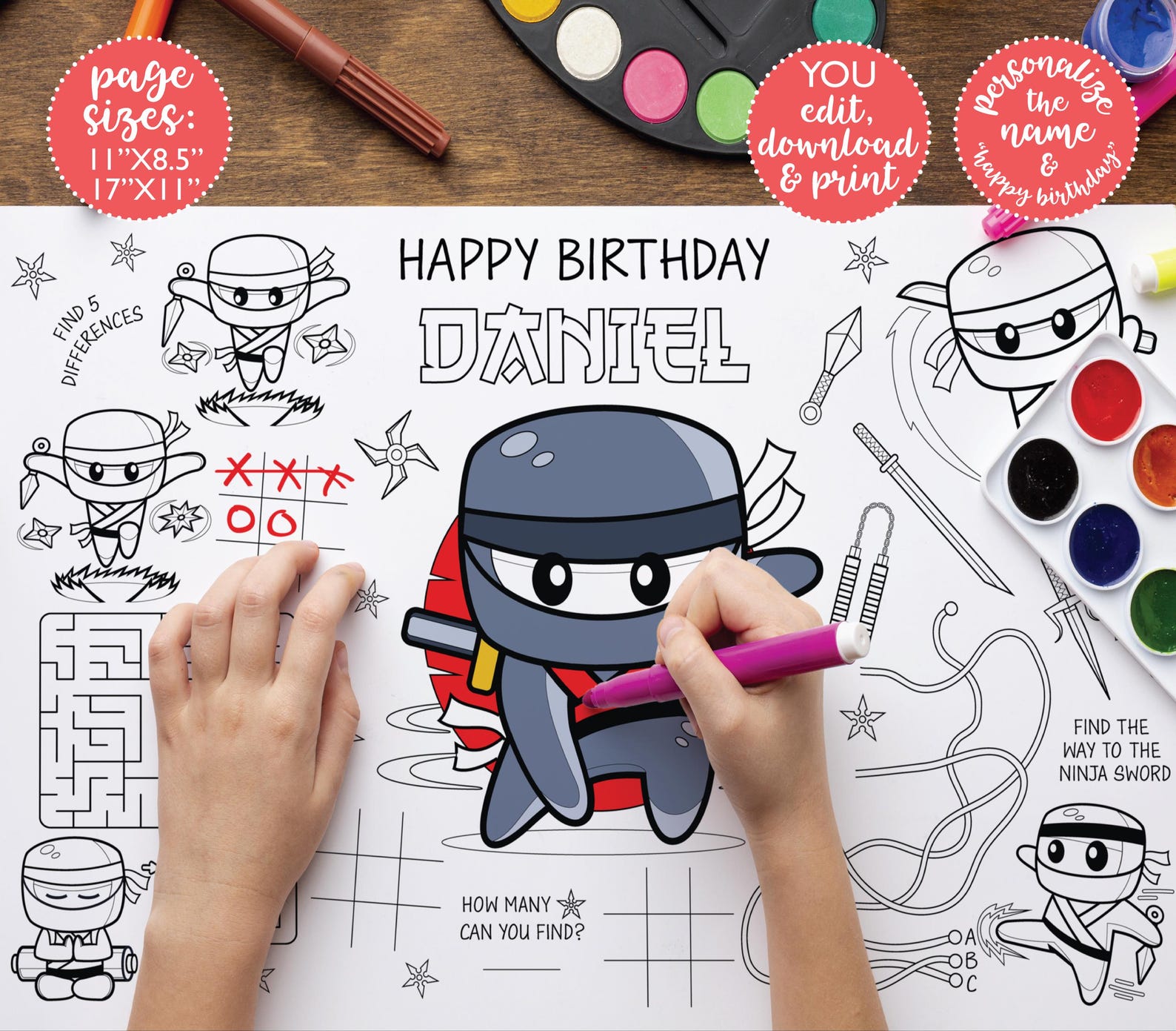 Ninja Coloring Placemat DIGITAL | Warrior Party Activity Sheet | Kids ...