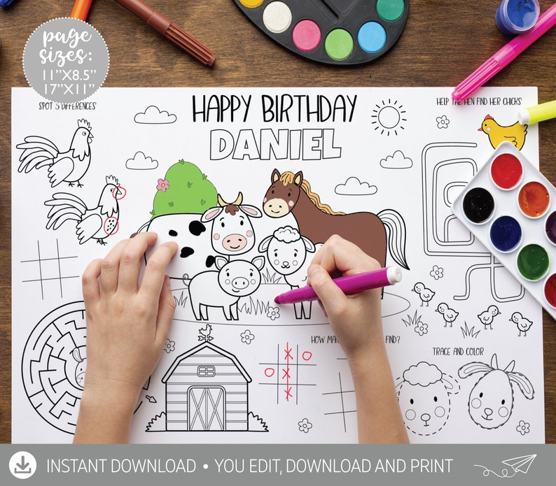 Farm Animals Coloring Placemat DIGITAL Barnyard Party - Etsy