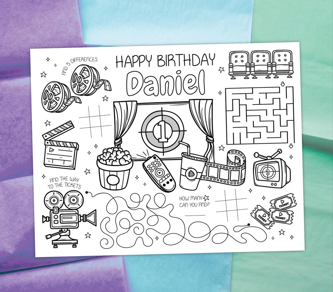 Movie Night Coloring Placemat DIGITAL | Cinema Party Activity Sheet ...