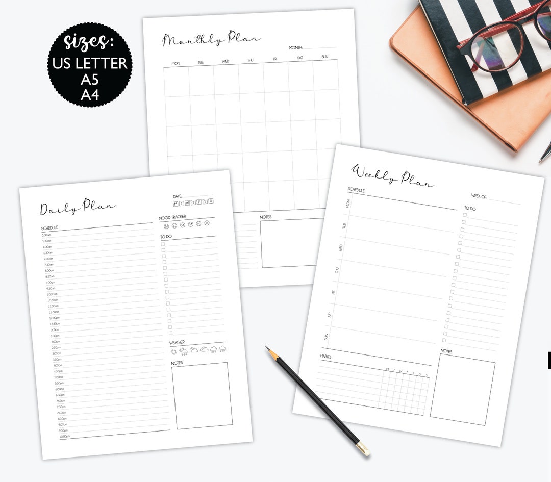 Daily Weekly Monthly Planner Bundle | Digital Minimalist Hourly Plan ...