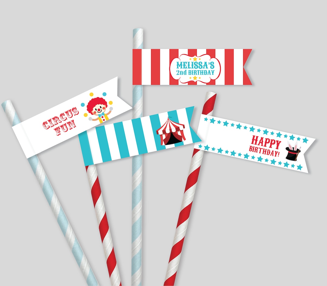Circus Birthday Straw Flags DIGITAL | Carnival Party Paper Straw Label ...