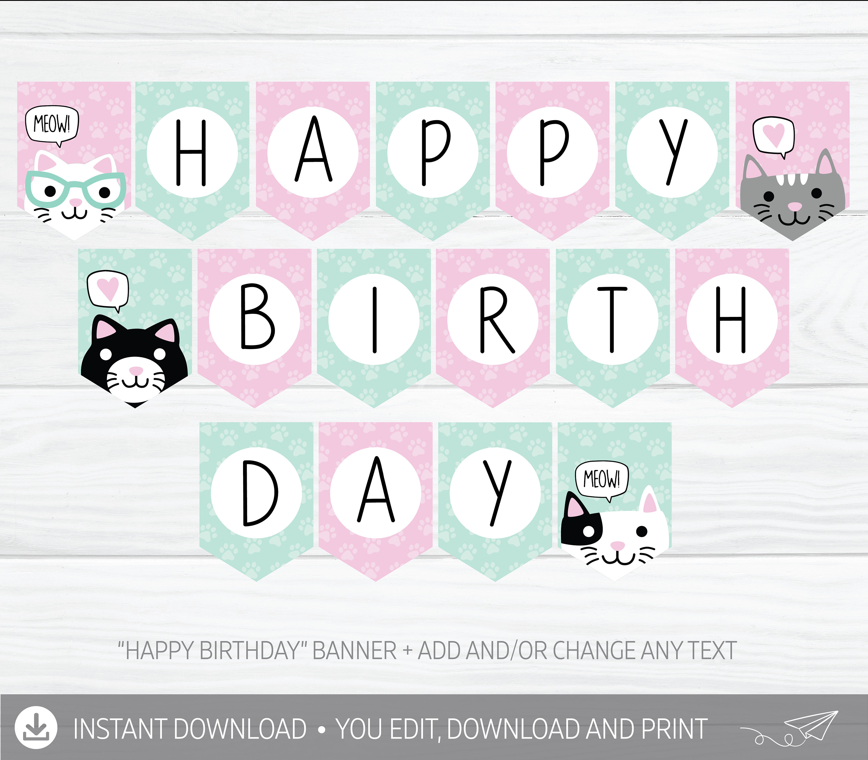 Kitten Happy Birthday Banner DIGITAL Cat Party Decoration - Etsy