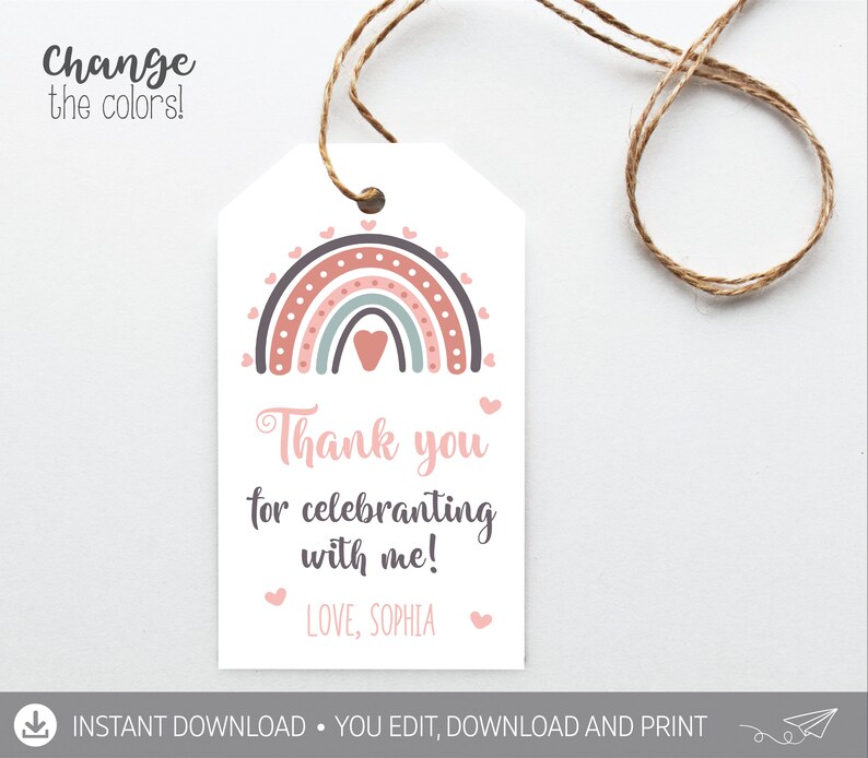 Boho Rainbow Birthday Thank You Tag DIGITAL Rainbow Party - Etsy