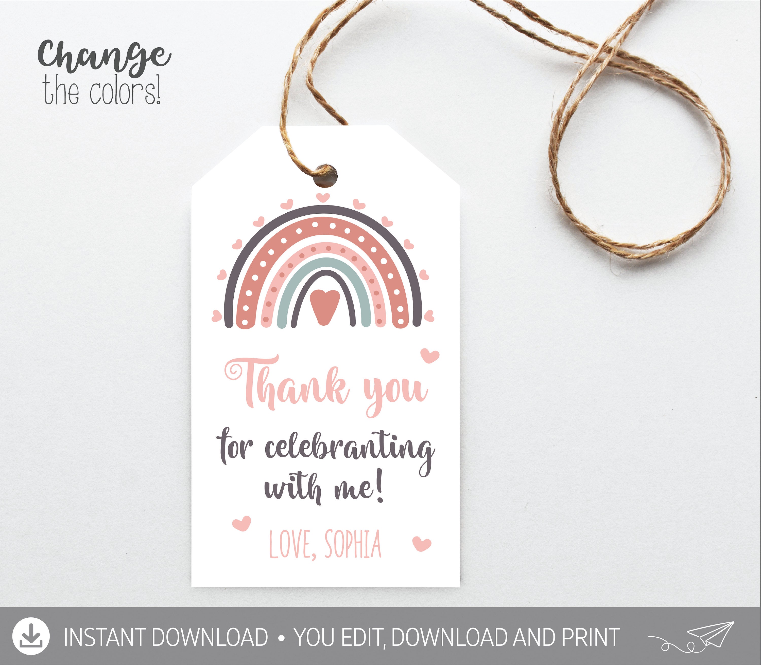 Boho Rainbow Birthday Thank You Tag DIGITAL Rainbow Party - Etsy