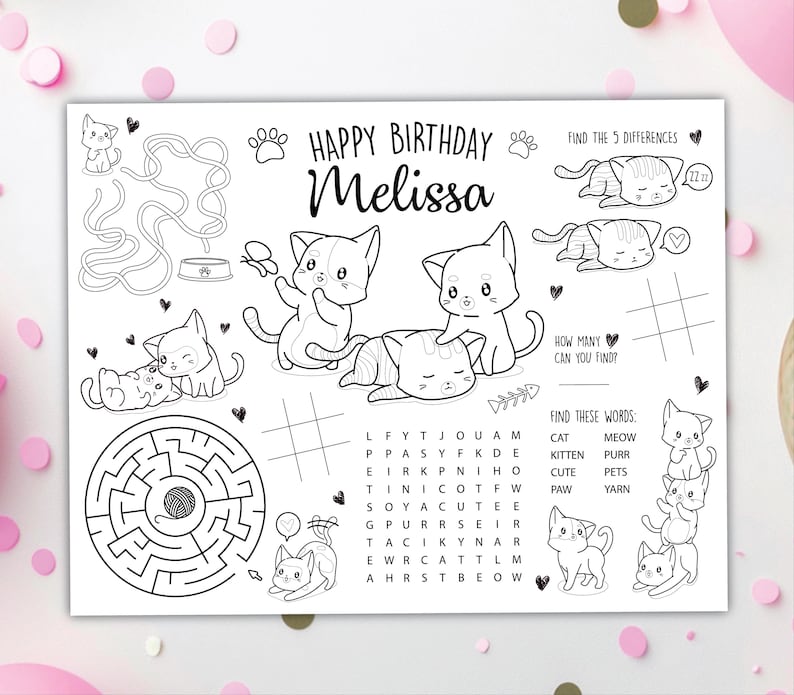 Kitten Coloring Placemat DIGITAL | Cat Party Activity | Kids Coloring ...