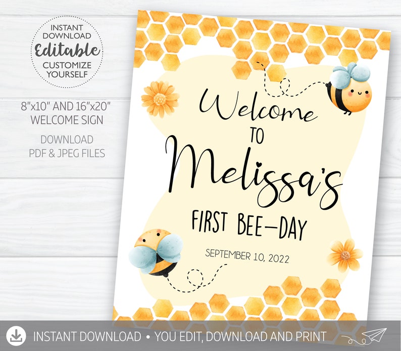 Honey Bee Welcome Sign DIGITAL Bee-day Birthday Party - Etsy