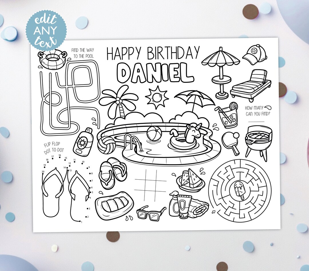 Pool Party Coloring Placemat DIGITAL | Summer Party Activity Sheet ...