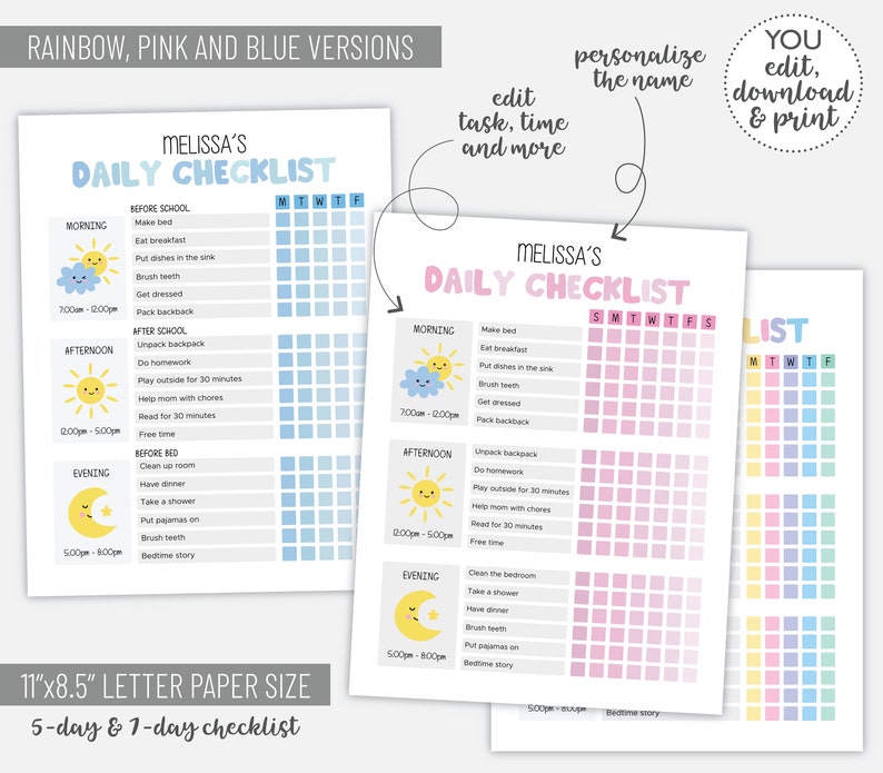 Daily Checklist for Kids DIGITAL | Kids Schedule | Daily Routine Chart ...