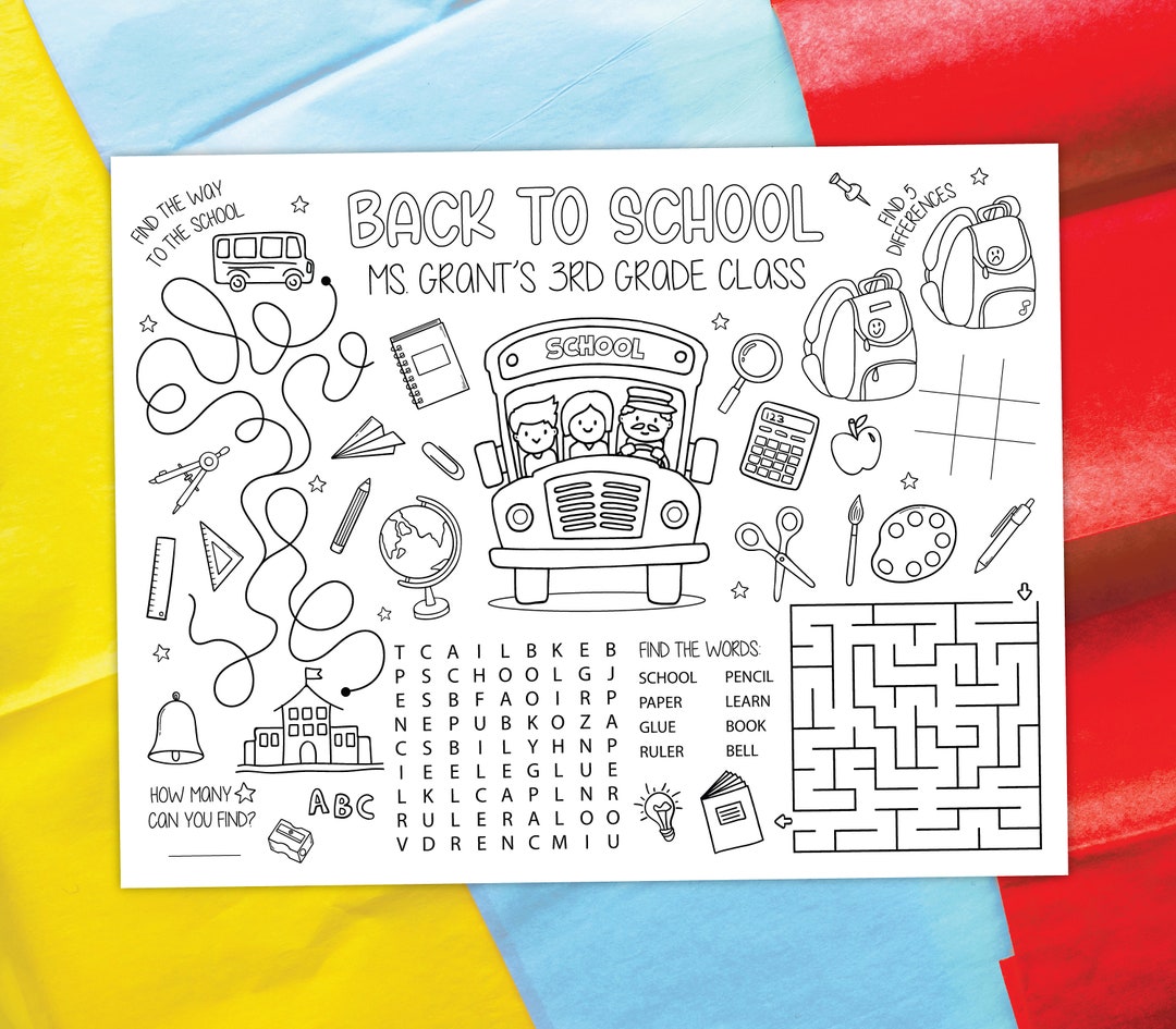 Back to School Coloring Placemat DIGITAL | First Day of School Activity ...