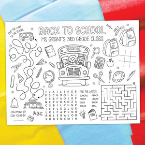 Back to School Coloring Placemat DIGITAL | First Day of School Activity ...