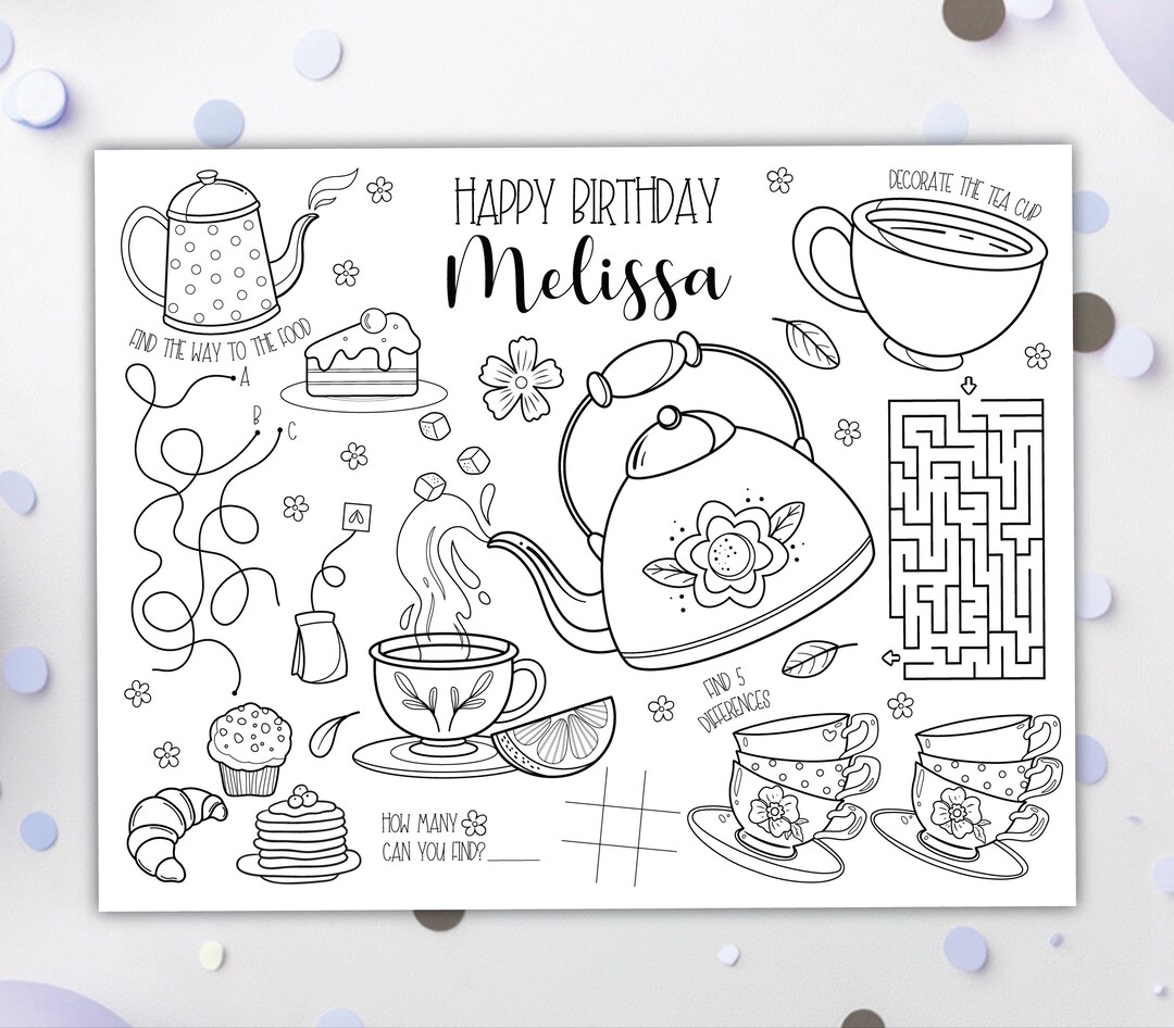 Tea Party Coloring Placemat DIGITAL | Party Activity Sheet | Kids ...