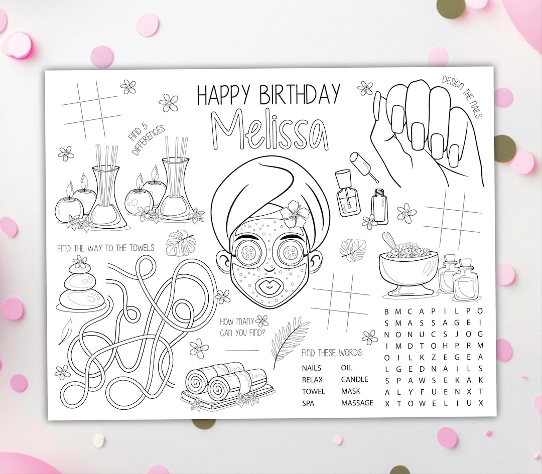 Spa Coloring Placemat DIGITAL | Pamper and Makeup Party Activity Sheet ...