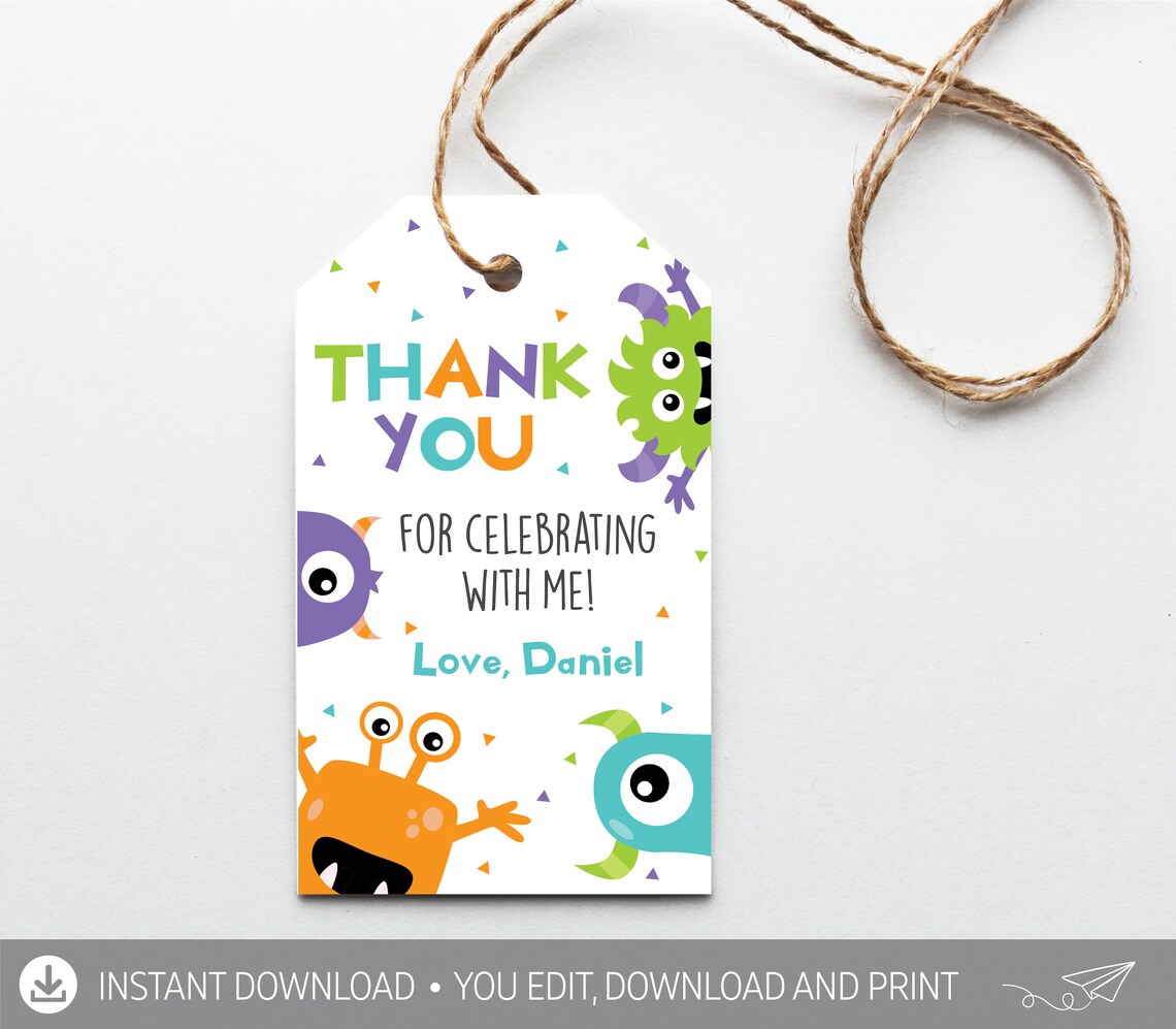 Monster Birthday Thank You Tag DIGITAL Little Monster Party - Etsy