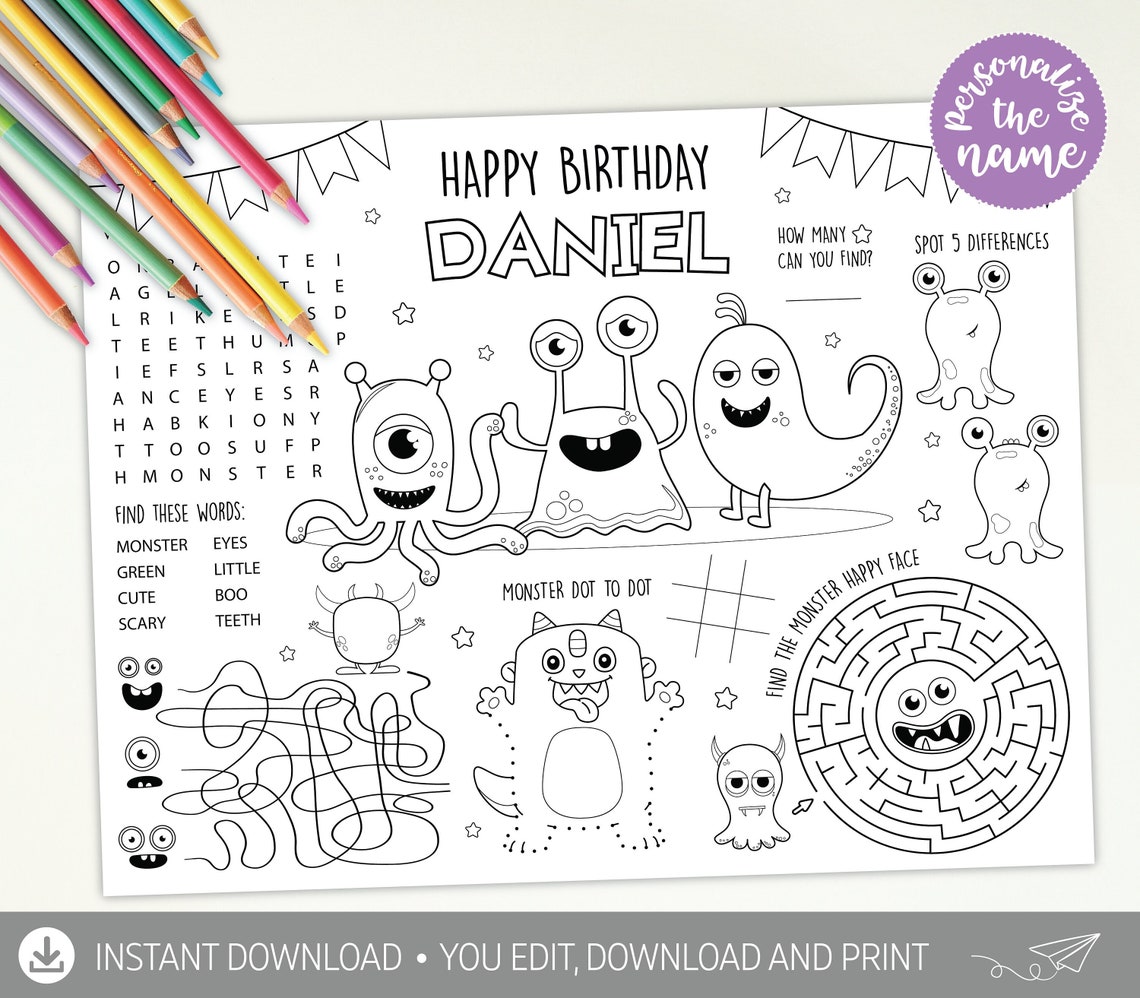 Monster Coloring Placemat DIGITAL Little Monster Party - Etsy