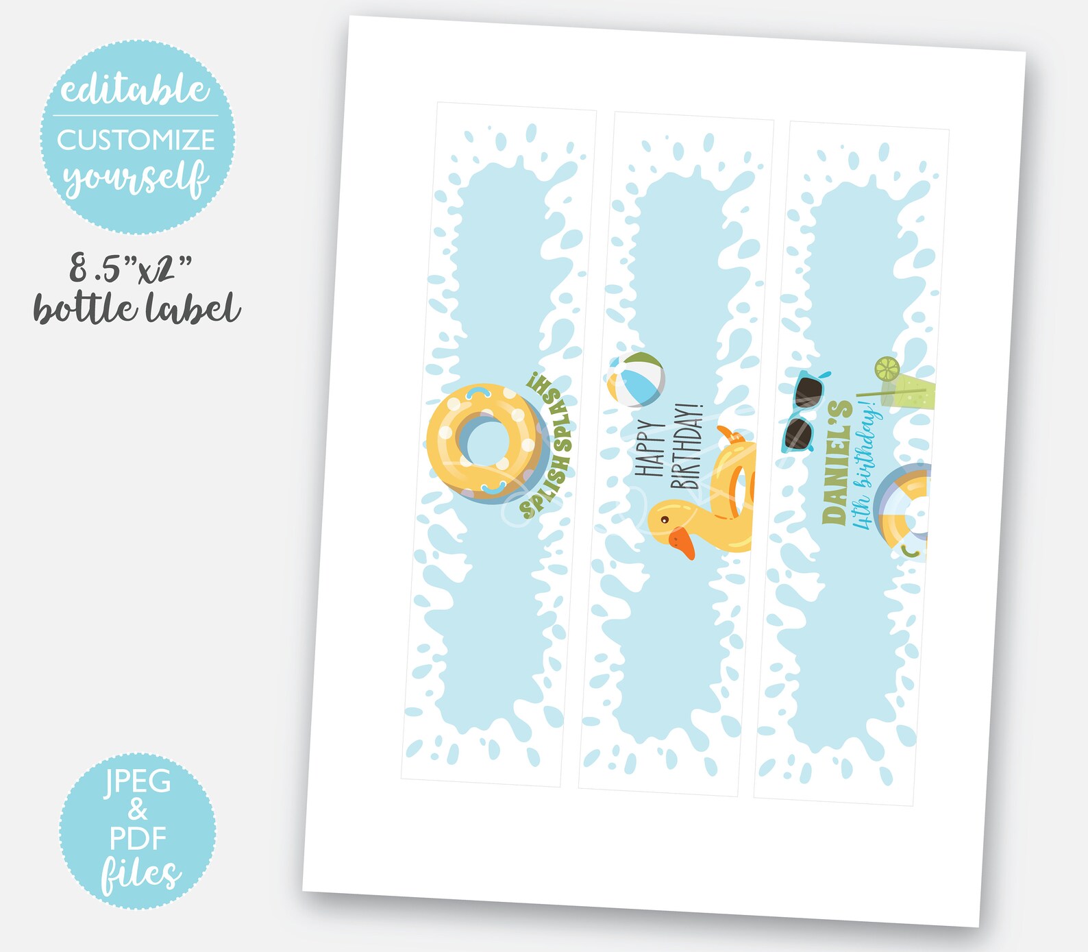 Pool Party Birthday Bottle Label DIGITAL | Beach Summer Blue Party ...