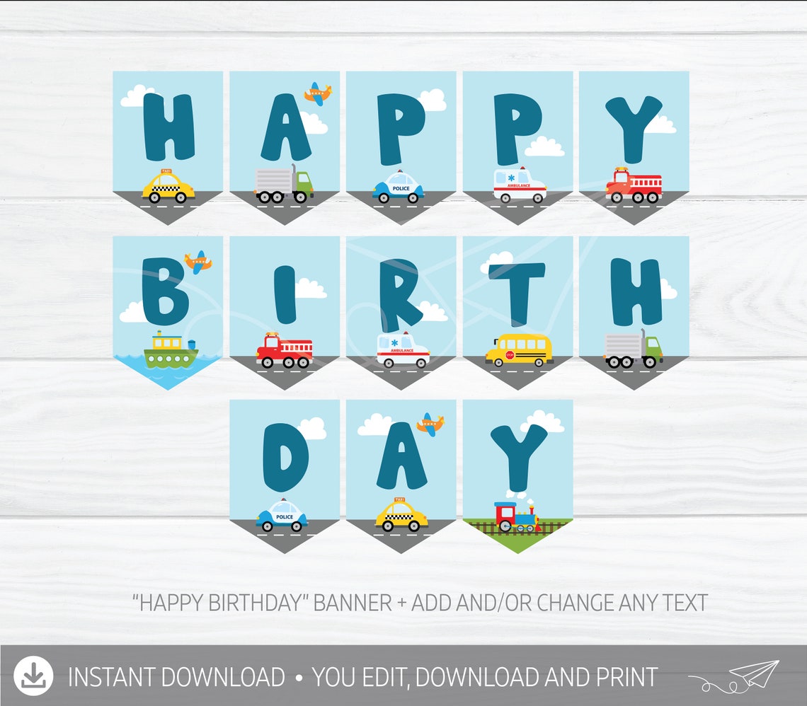 Transportation Happy Birthday Banner DIGITAL Transport - Etsy