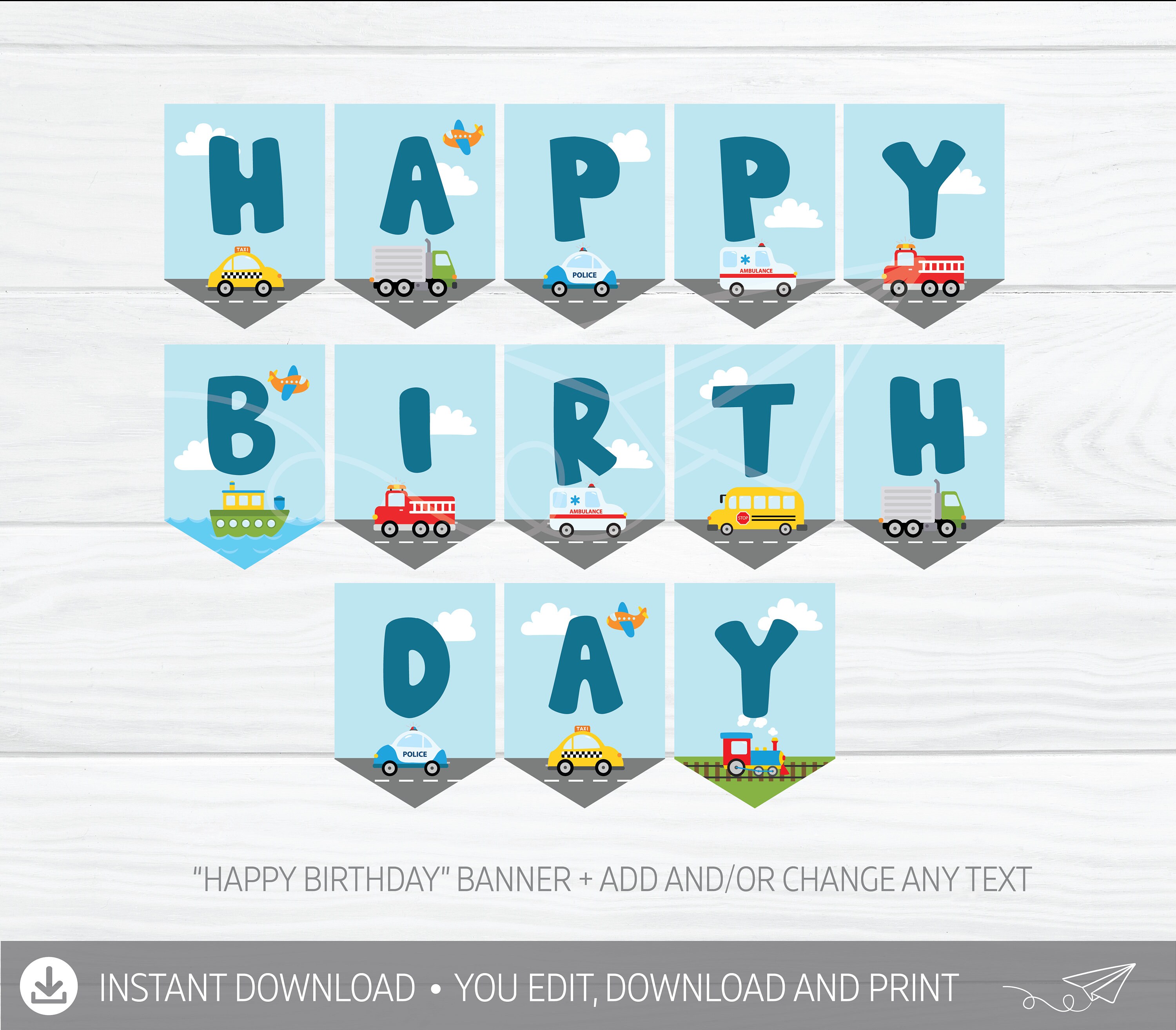 Transportation Happy Birthday Banner DIGITAL Transport - Etsy