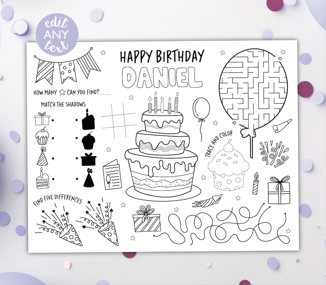 Birthday Party Coloring Placemat DIGITAL | Party Activity | Kids ...