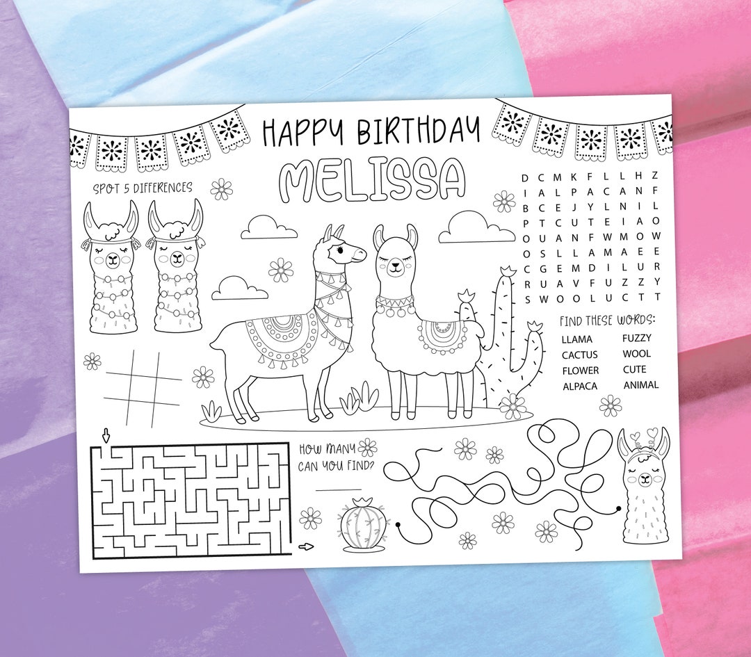Llama Coloring Placemat DIGITAL | Party Activity | Kids Coloring Page ...