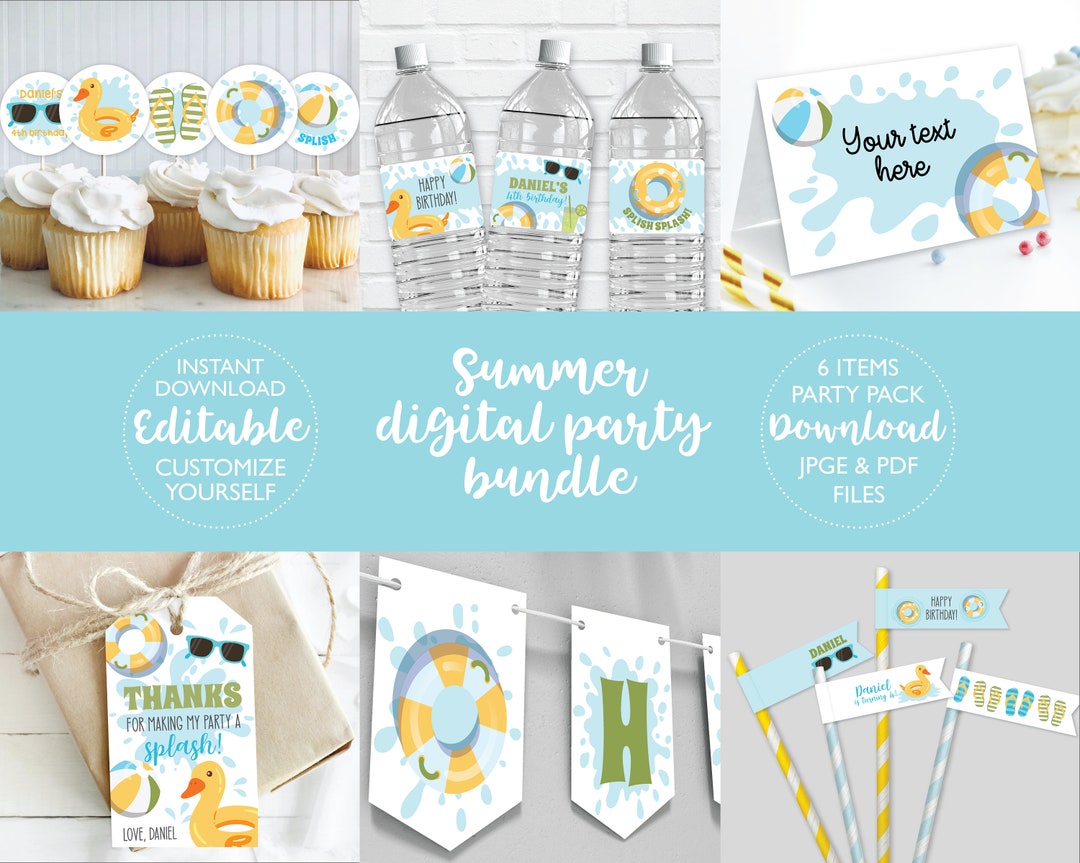 Pool Party Birthday Kit DIGITAL | Beach Summer Blue Party Bundle Set ...