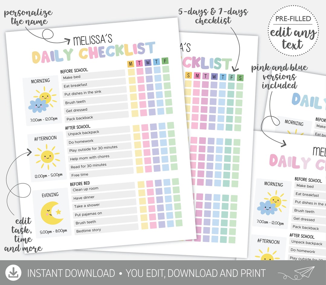 Daily Checklist for Kids DIGITAL Kids Schedule Daily - Etsy