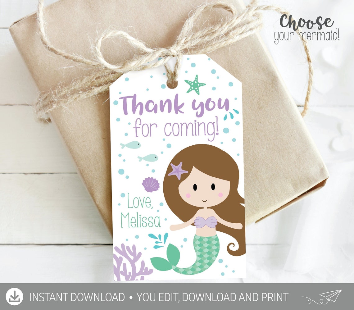 Mermaid Birthday Thank You Tag DIGITAL Cute Mermaid Tail | Etsy