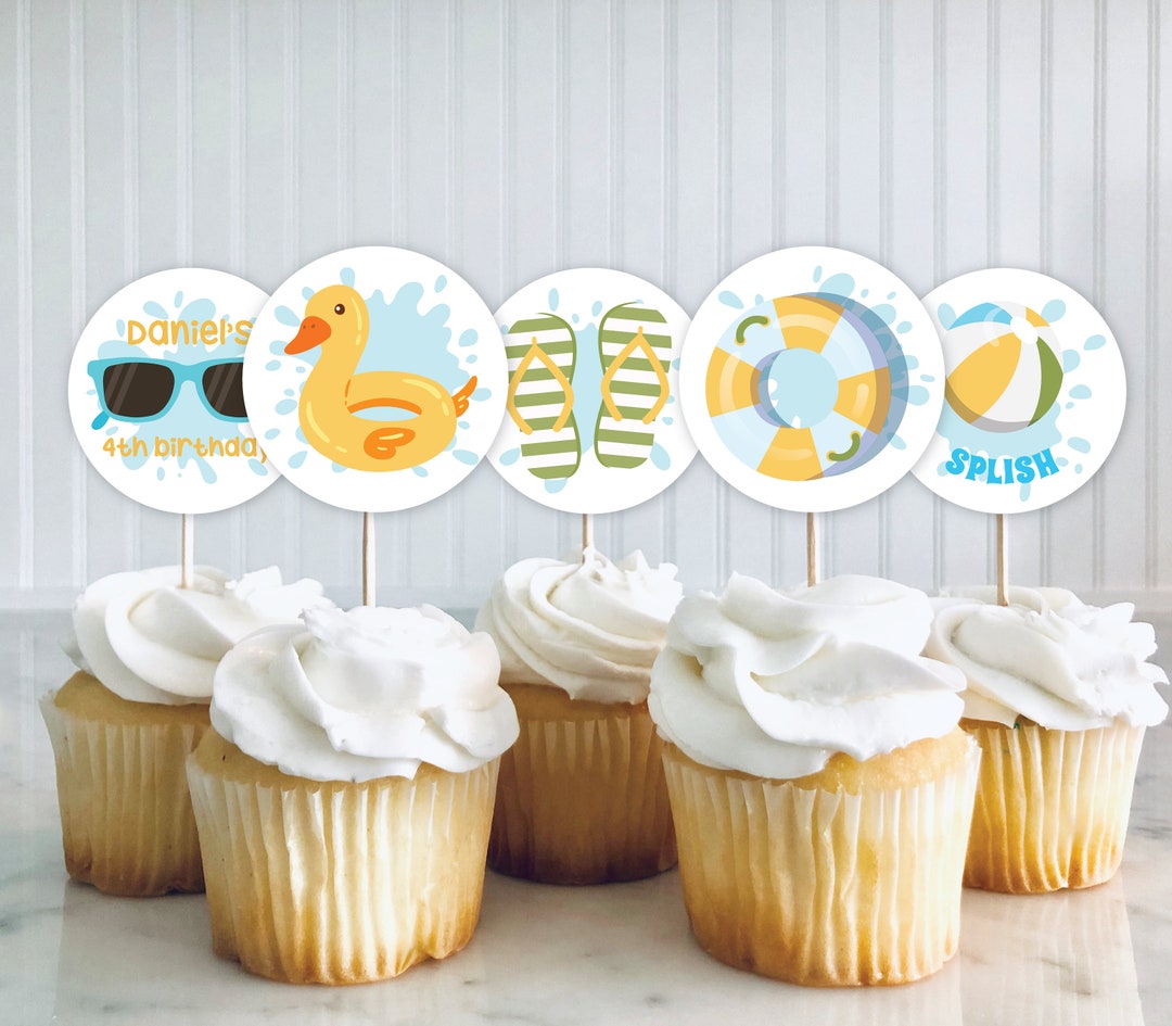Pool Party Birthday Cupcake Toppers DIGITAL | Beach Summer Blue Party ...