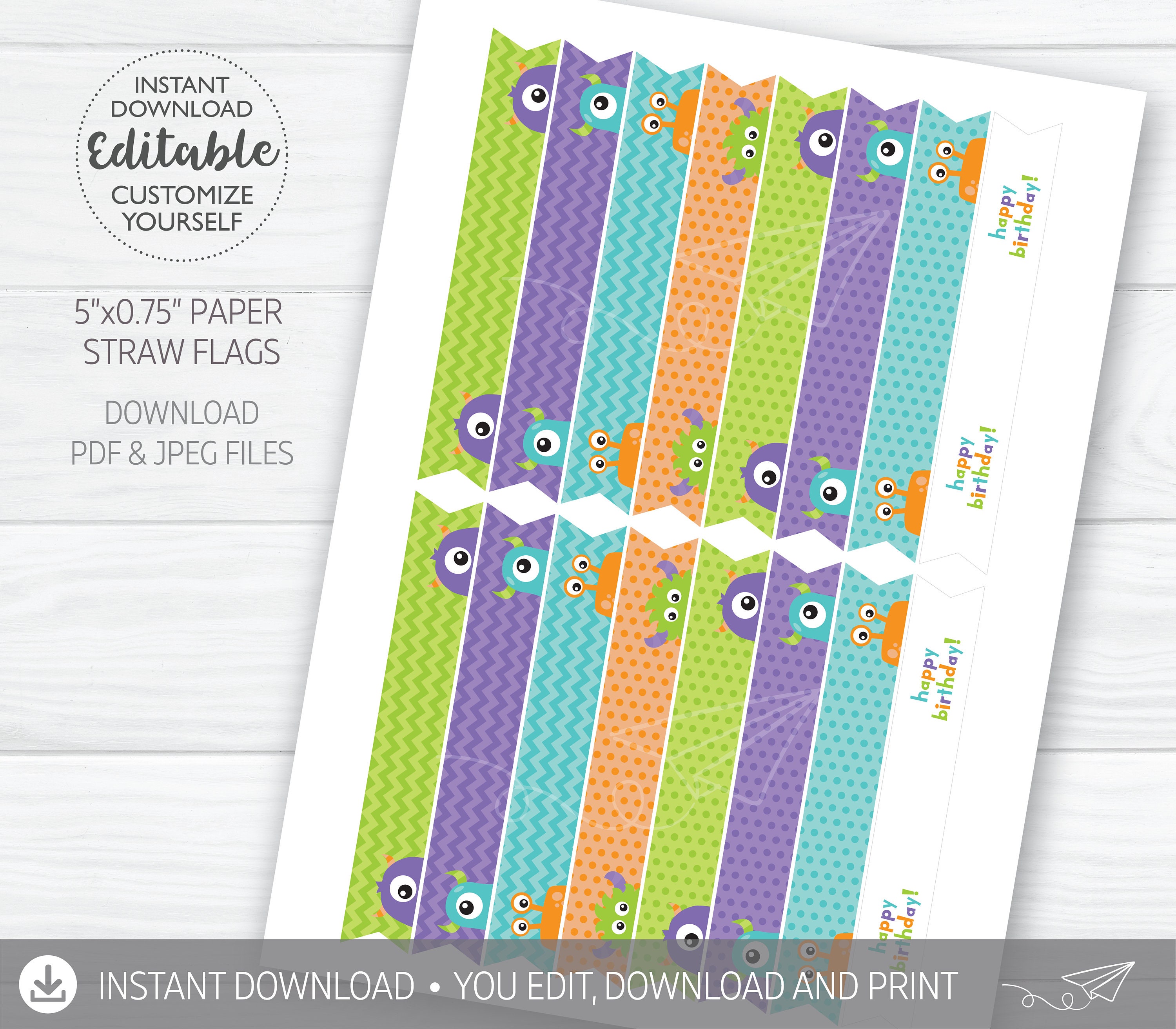 Monster Birthday Straw Flags DIGITAL Little Monster Party | Etsy