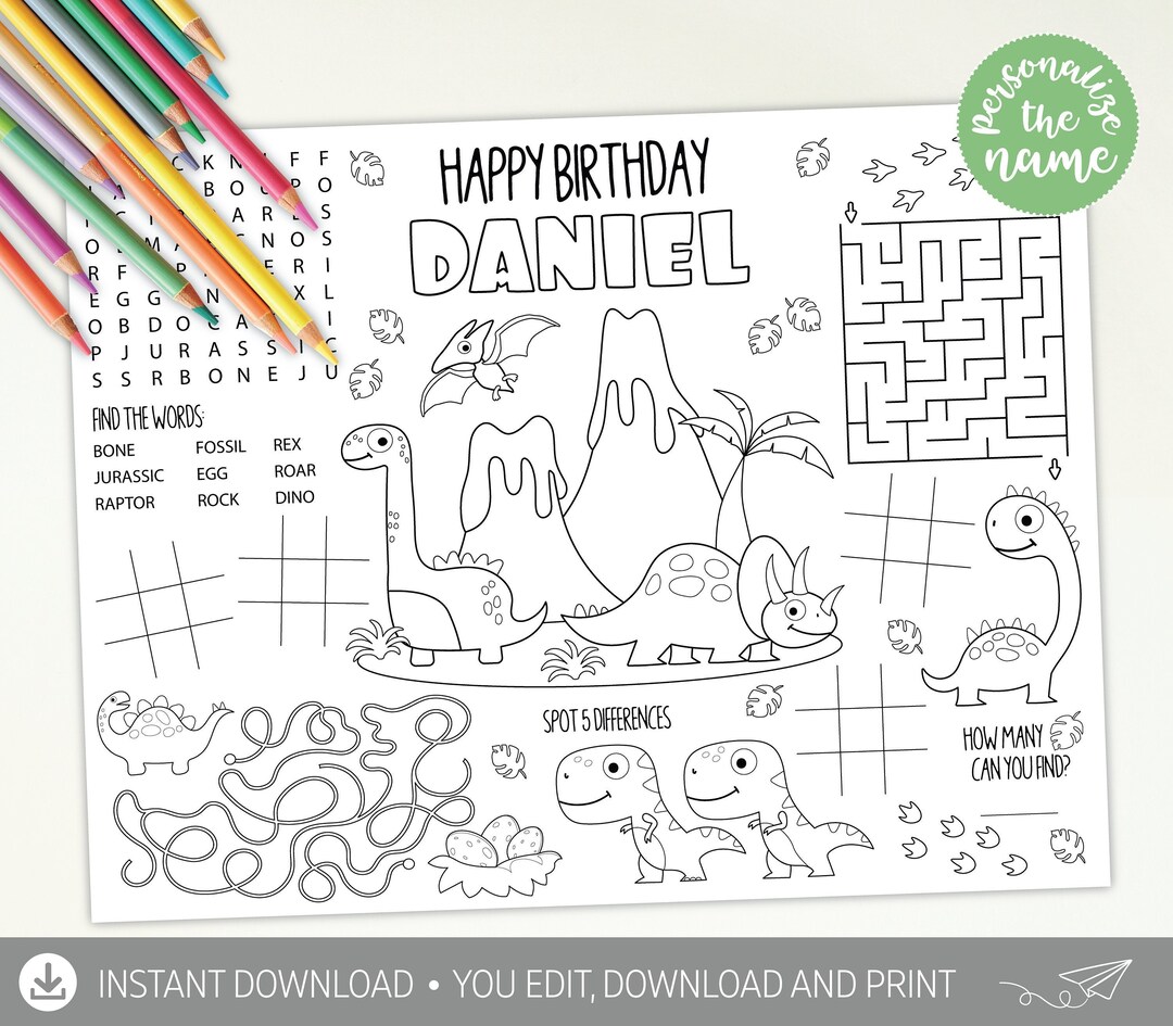 Dinosaur Coloring Placemat DIGITAL Jurassic Party Activity - Etsy
