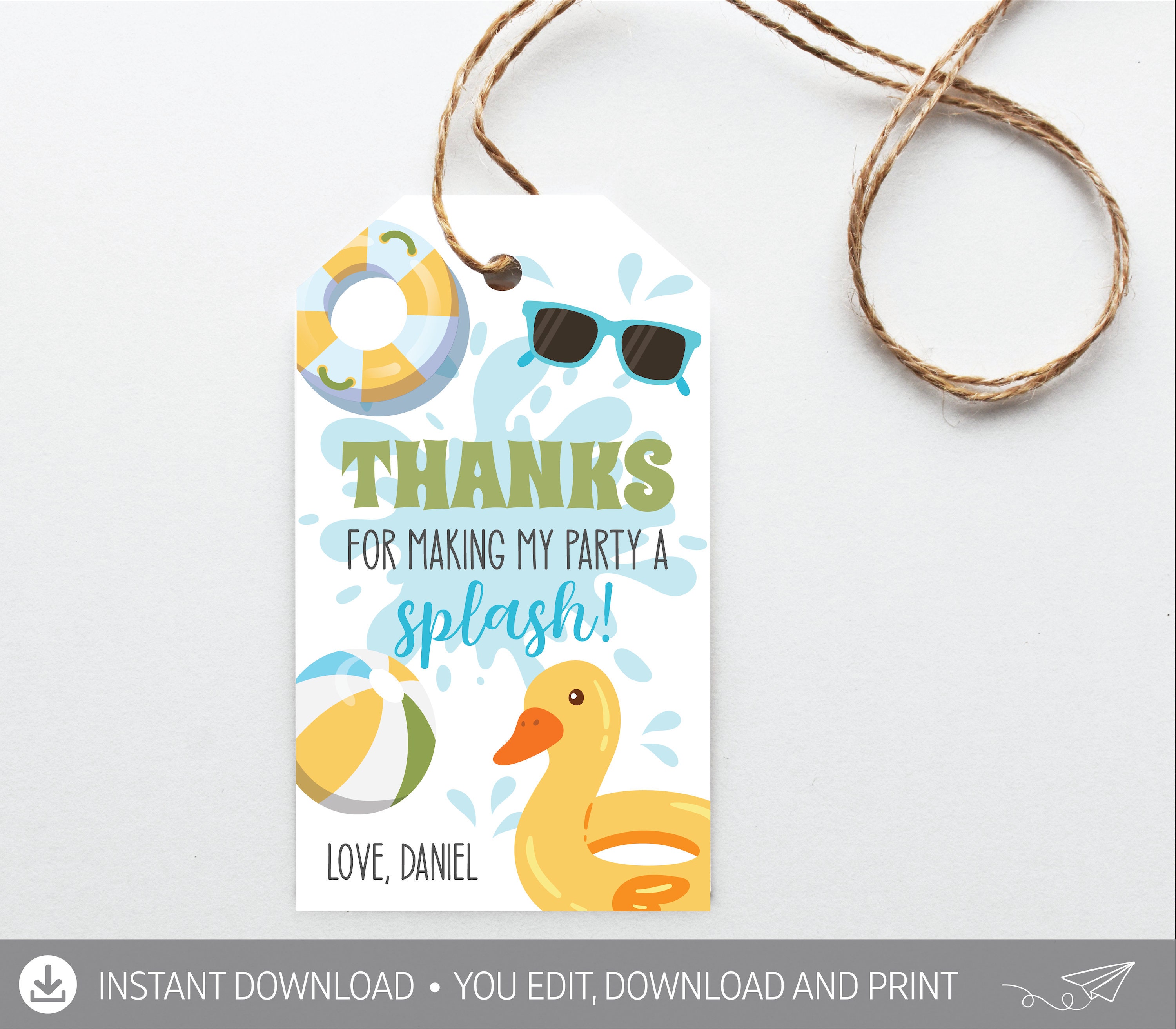 Pool Party Birthday Thank You Tag DIGITAL Beach Summer Blue - Etsy