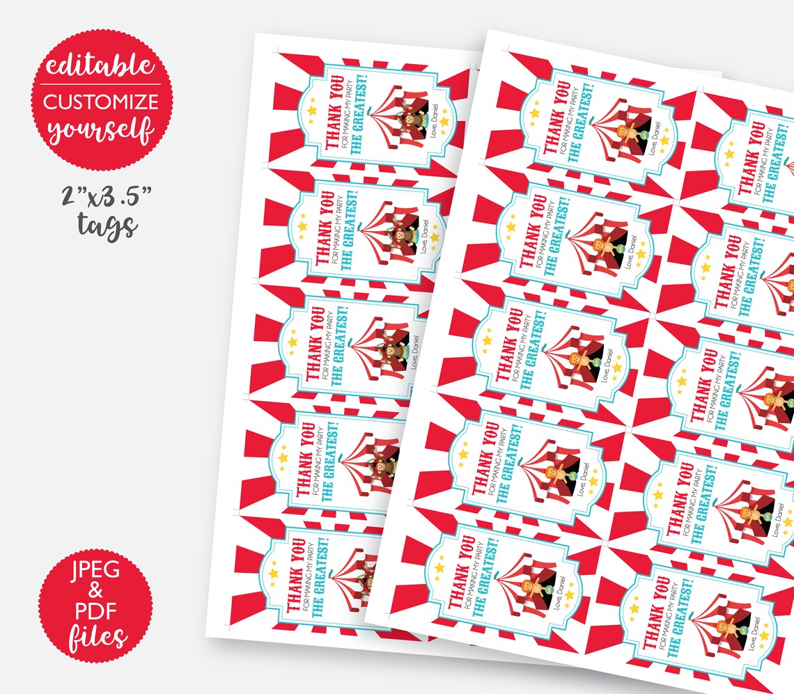 Circus Birthday Thank You Tag DIGITAL | Carnival Party Favor Tag ...