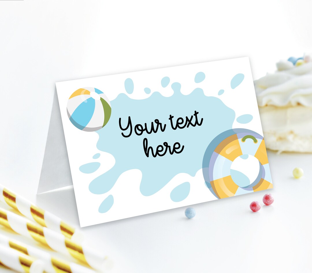 Pool Party Birthday Tent Cards DIGITAL | Beach Summer Blue Party Blank ...
