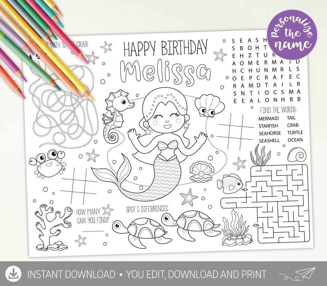 Mermaid Coloring Placemat DIGITAL Sea Life Party Activity - Etsy