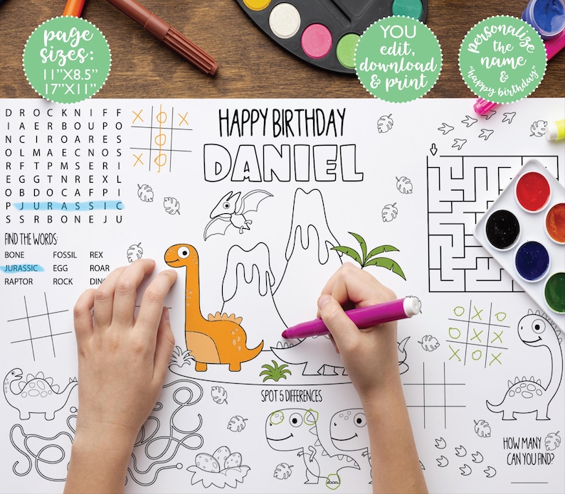 Dinosaur Coloring Placemat DIGITAL | Jurassic Party Activity | Kids ...