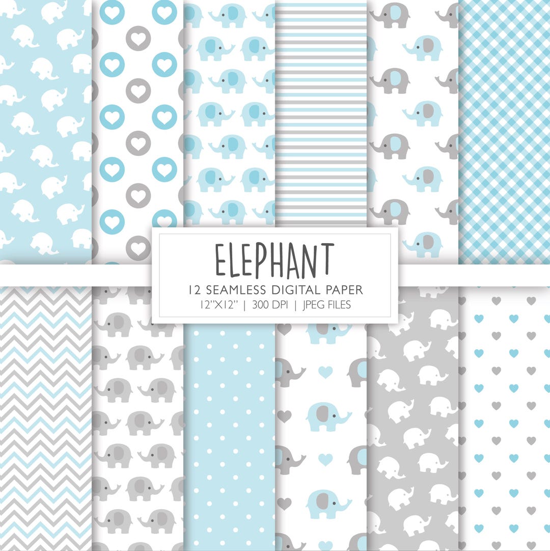 Elephant Seamless Digital Paper | Blue and Gray Background Pattern ...