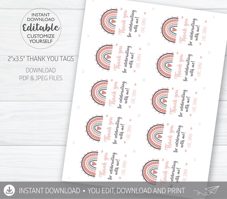 Boho Rainbow Birthday Thank You Tag DIGITAL Rainbow Party - Etsy