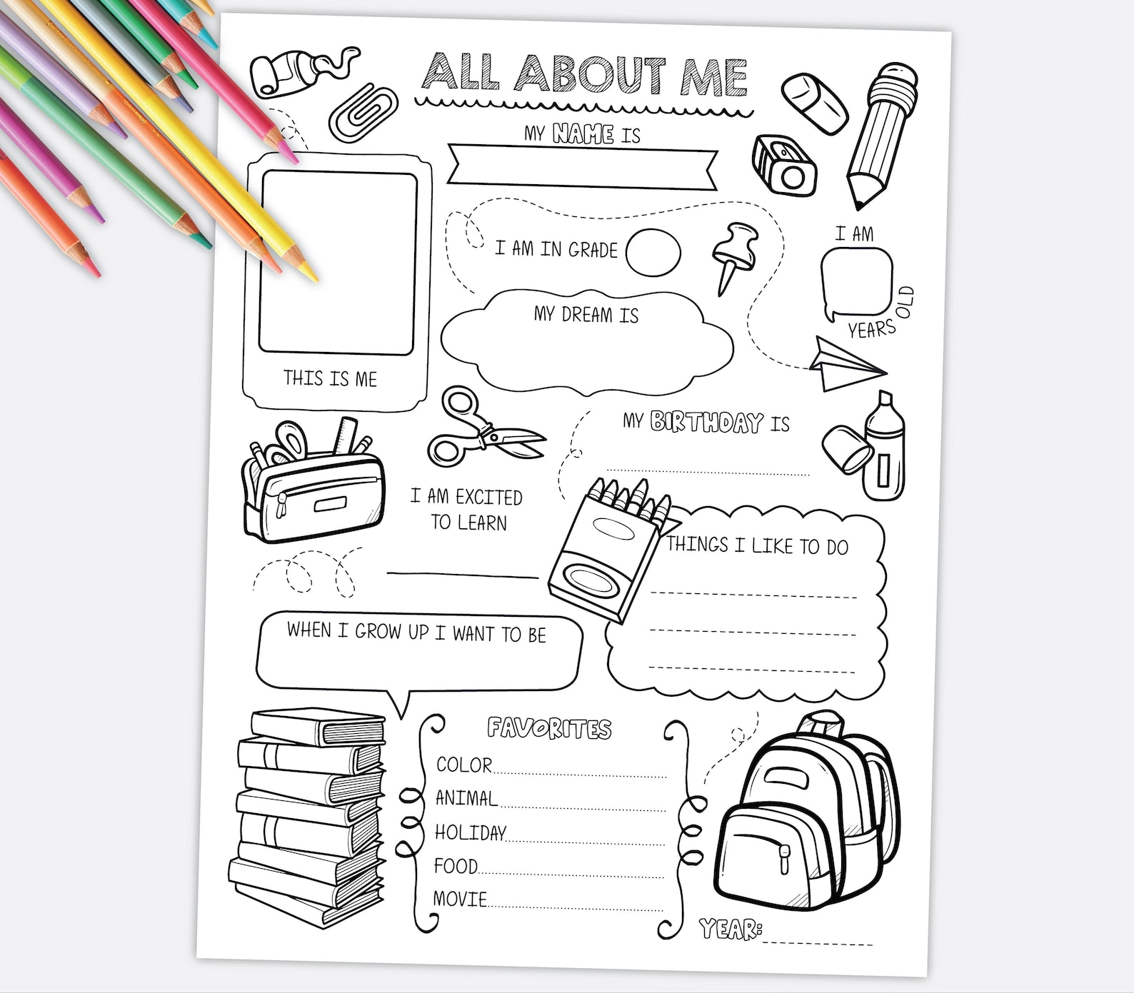 All About Me Coloring Page DIGITAL | Back to School Fill in Sheet ...