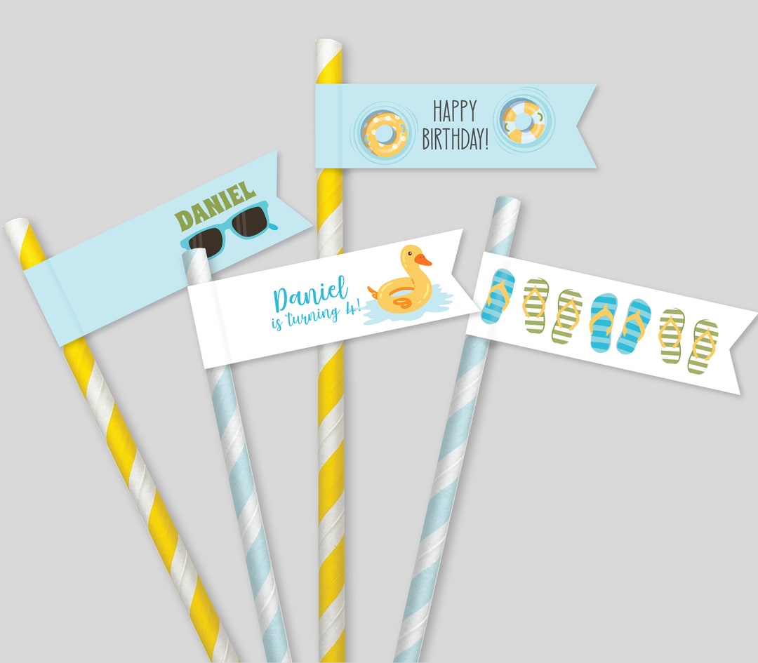 Pool Party Birthday Straw Flags DIGITAL | Beach Summer Blue Party Paper ...
