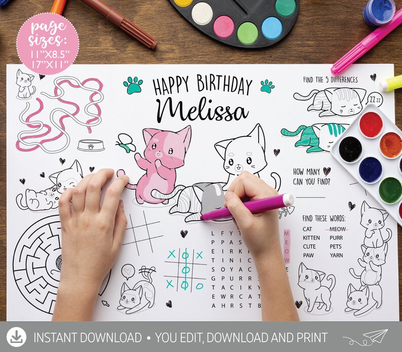 Kitten Coloring Placemat DIGITAL Cat Party Activity Kids - Etsy
