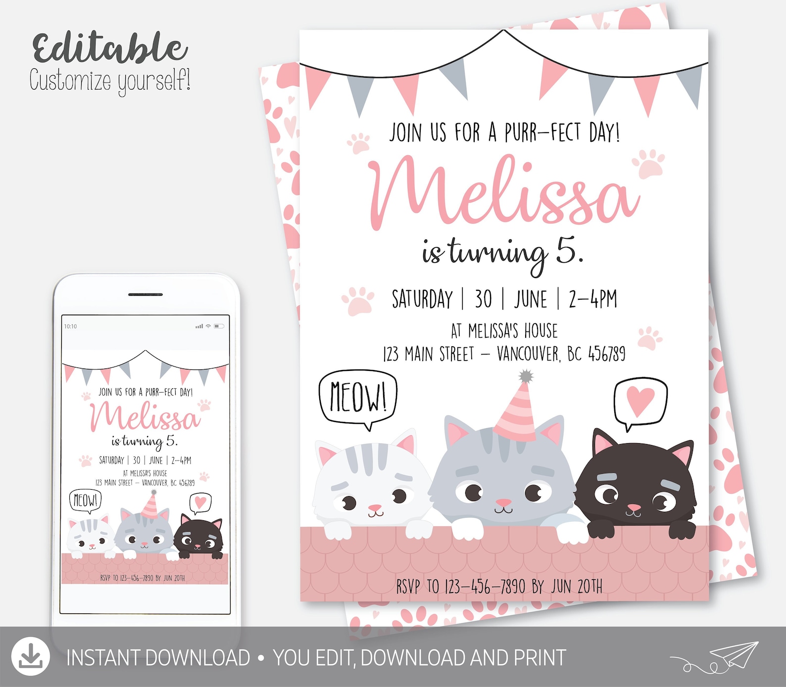 Kitten Birthday Invitation DIGITAL Kitty Birthday Party | Etsy