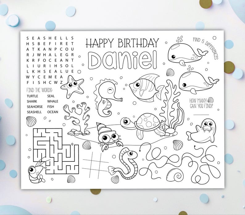Sea Life Coloring Placemat DIGITAL | Underwater Birthday Party Sheet ...