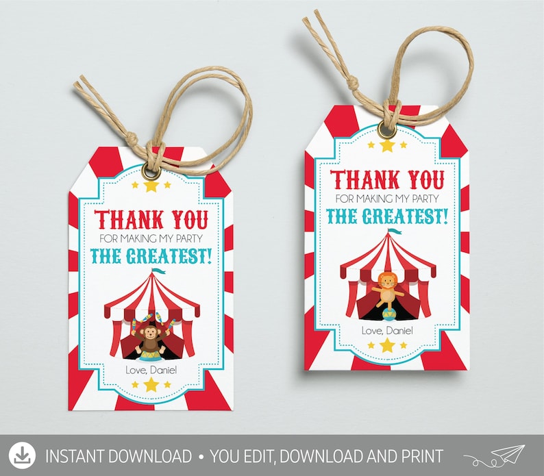 Circus Birthday Thank You Tag DIGITAL Carnival Party Favor - Etsy